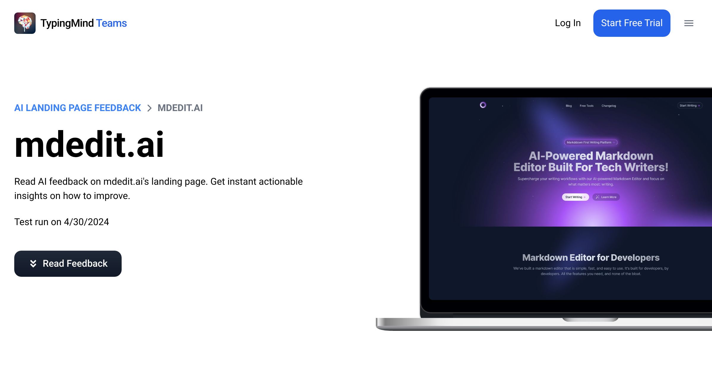 AI Landing Page Feedback for mdedit.ai