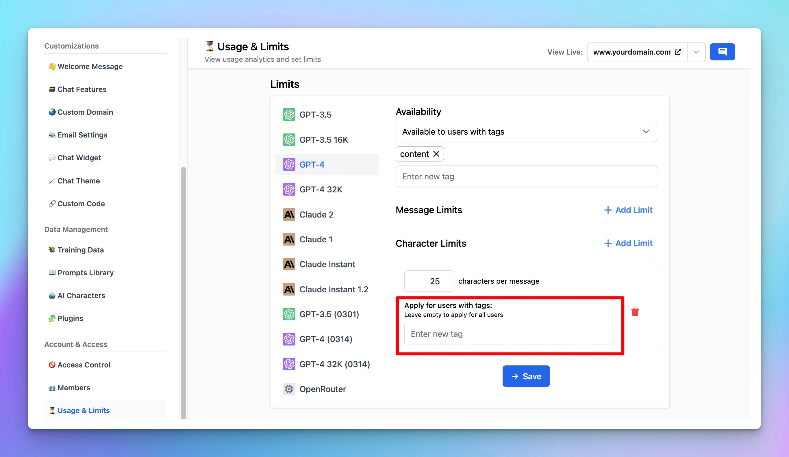 TypingMind Custom - Usage And Limits